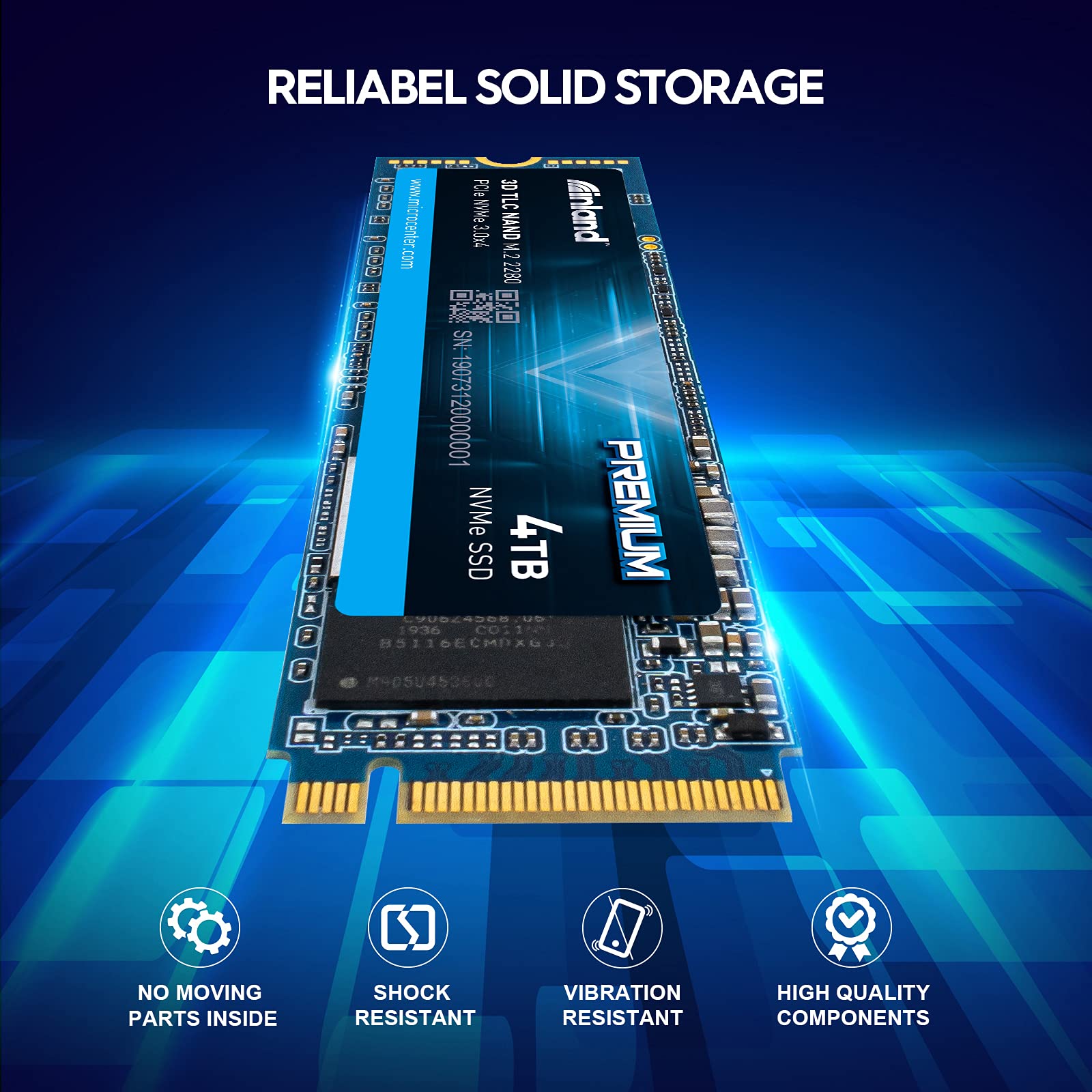 INLAND Premium 4TB NVME PCIe 3.0 x4 M.2 2280 TLC 3D NAND SSD Internal Solid State Drive, Read/Write Speed up to 3400MB/s and 3000MB/s, 6000 TBW