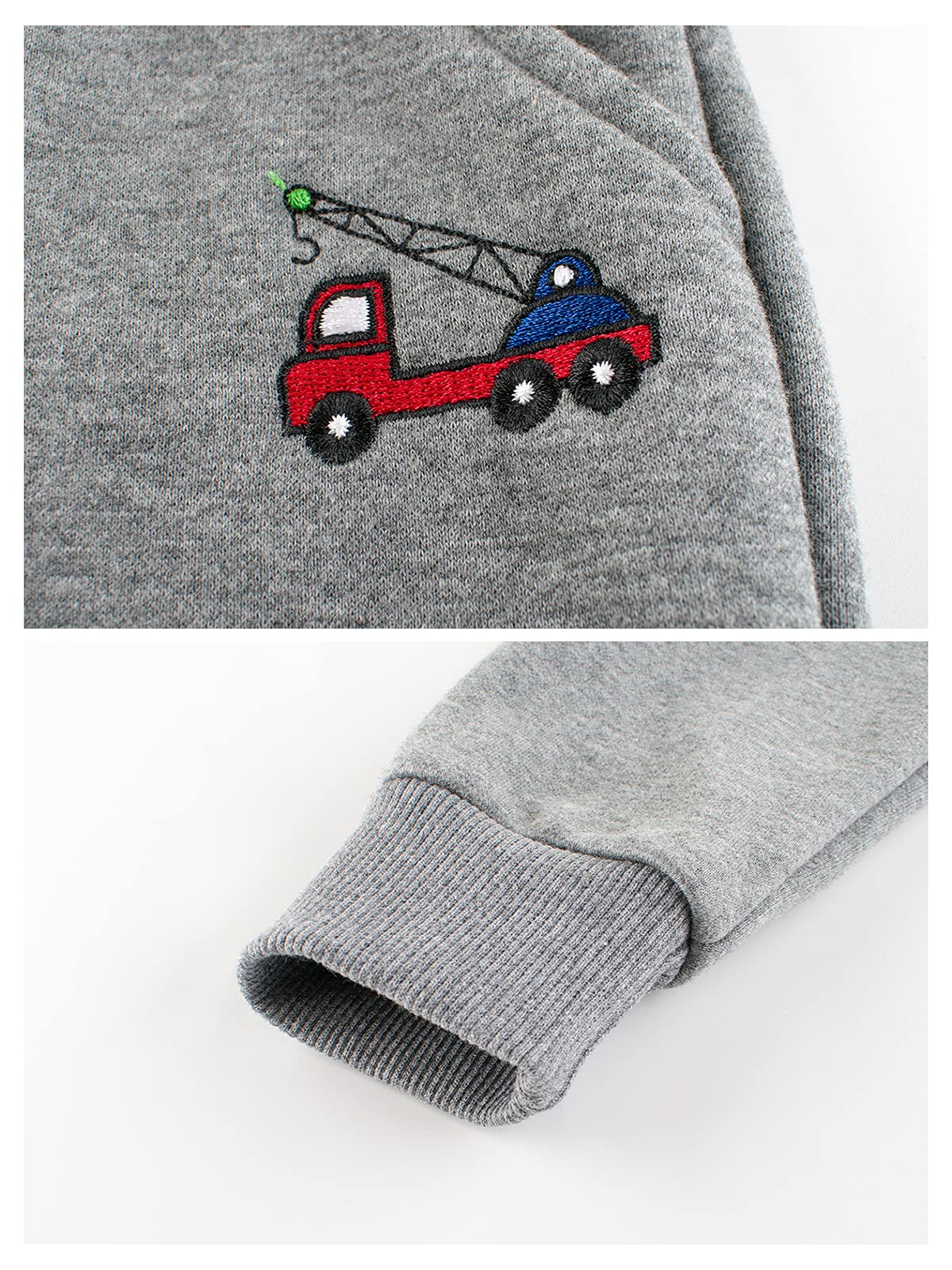 GFQLONG Toddler Boys 2 Pack Fleece Excavator Jogger Sweatpants,Baby Cartoon Winter Warm Pocket Lounging Bottoms,Black+Grey 2-3T