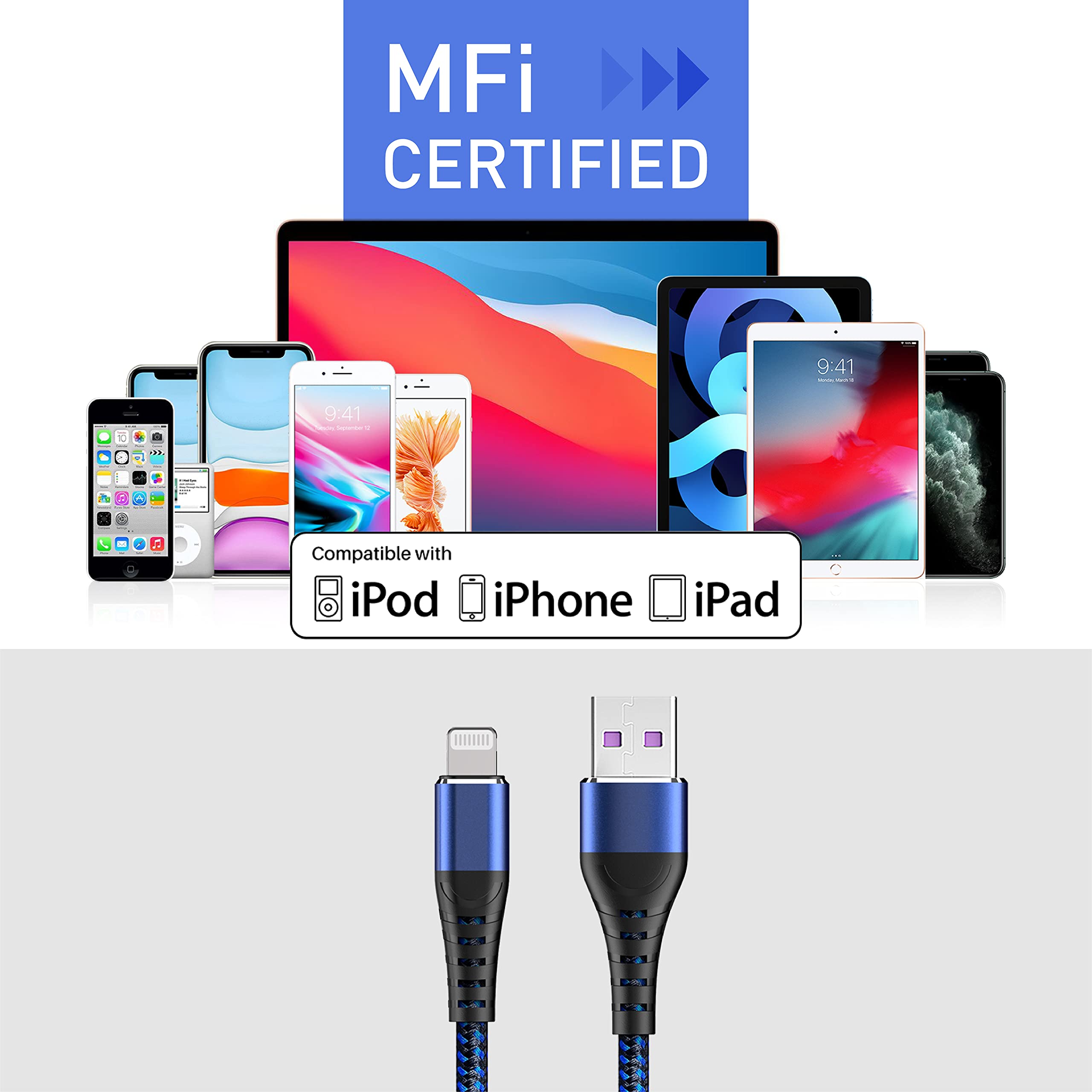 [Apple MFi Certified] 4 Pack iPhone Charger 10ft, Long Lightning Cable Nylon Braided 10 Foot Cord, Fast Charging Cords for iPhone 12 Pro Max/iPhone 12/11Pro Max/12 Pro/11/XS/XR/X/8/iPad,AirPods/Blue