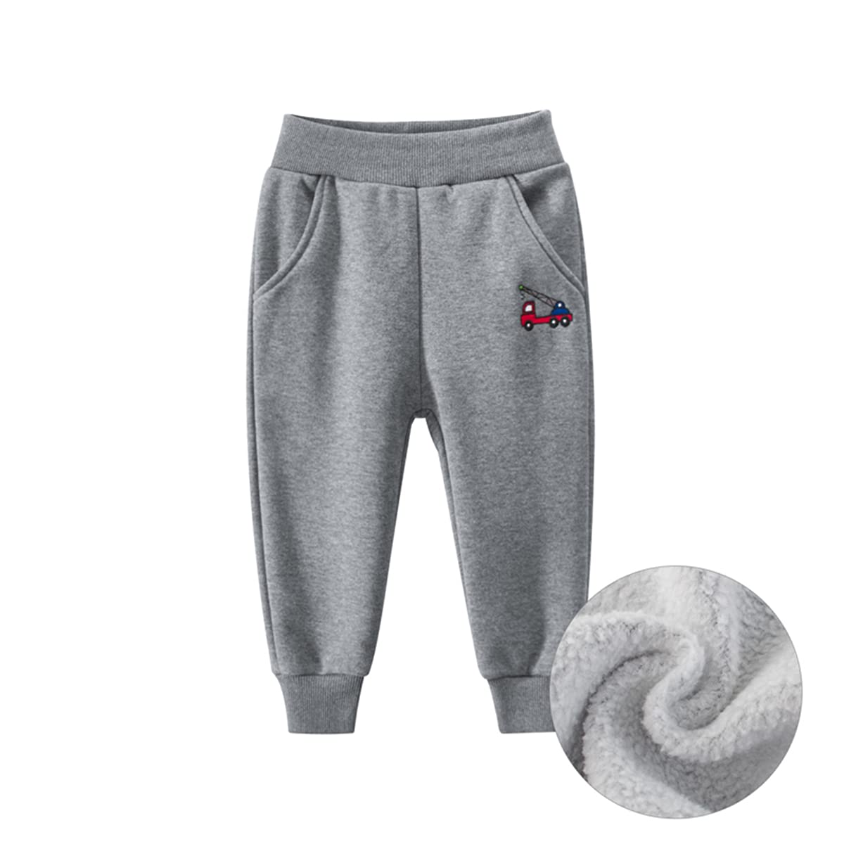 GFQLONG Toddler Boys 2 Pack Fleece Excavator Jogger Sweatpants,Baby Cartoon Winter Warm Pocket Lounging Bottoms,Black+Grey 2-3T