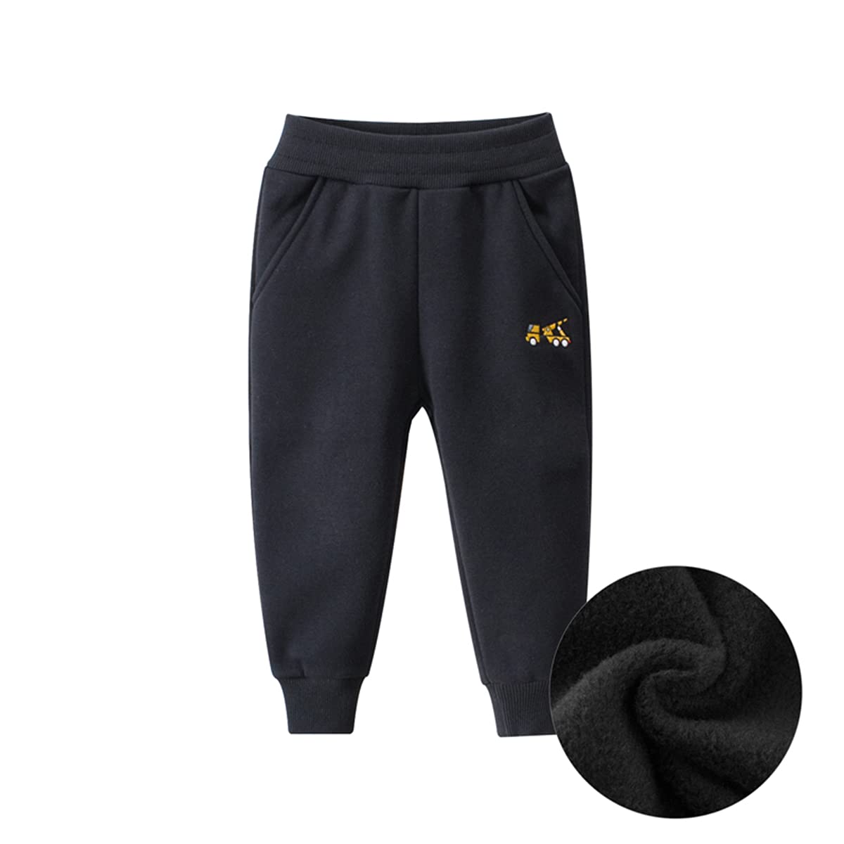 GFQLONG Toddler Boys 2 Pack Fleece Excavator Jogger Sweatpants,Baby Cartoon Winter Warm Pocket Lounging Bottoms,Black+Grey 2-3T
