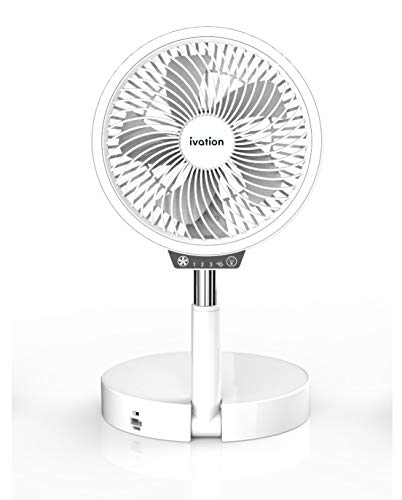 Ivation Battery Operated Portable Expanding Personal Fan with LED Light, Compact Folding Desk, Table & Pedestal Floor Fan with 39.5β Adjustable Height, 3-Speed Touch Control & USB Phone Charging Port