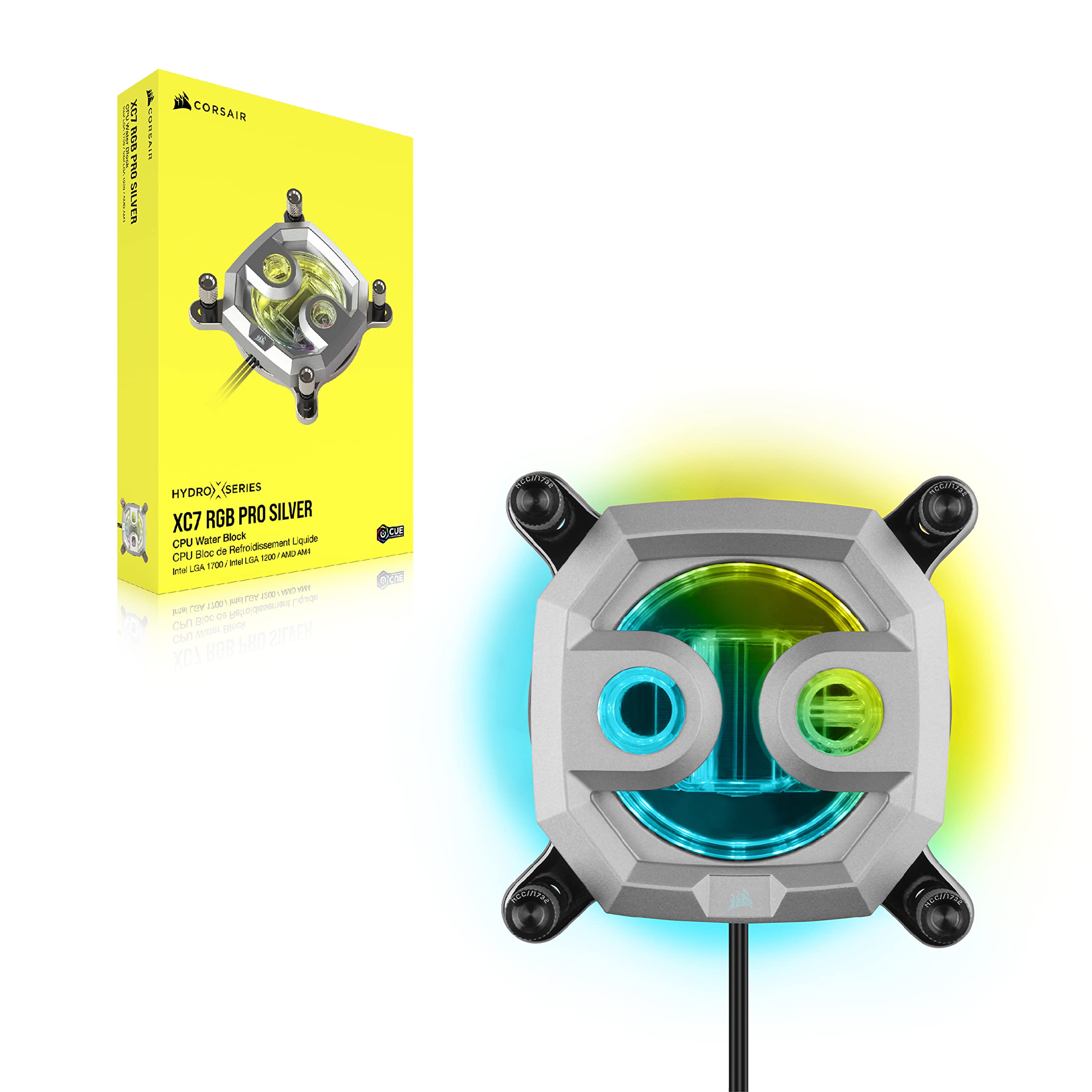 CORSAIR Hydro X Series XC7 RGB PRO CPU Water Block for Intel LGA 1700, 1200, 115X and AMD Socket AM4 (Copper Cold Plate, 110 MicroCooling Fins, 5V ARGB Motherboard Adapter Cable Included) Silver