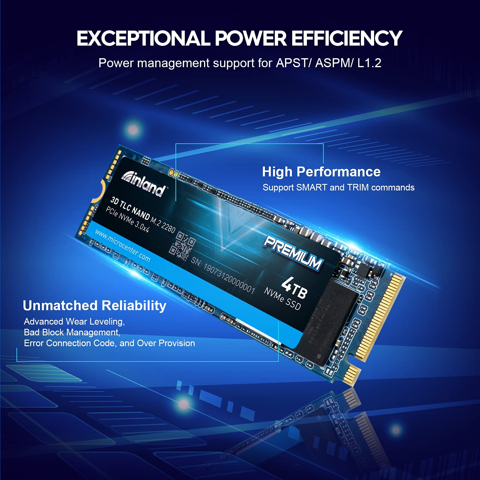 INLAND Premium 4TB NVME PCIe 3.0 x4 M.2 2280 TLC 3D NAND SSD Internal Solid State Drive, Read/Write Speed up to 3400MB/s and 3000MB/s, 6000 TBW