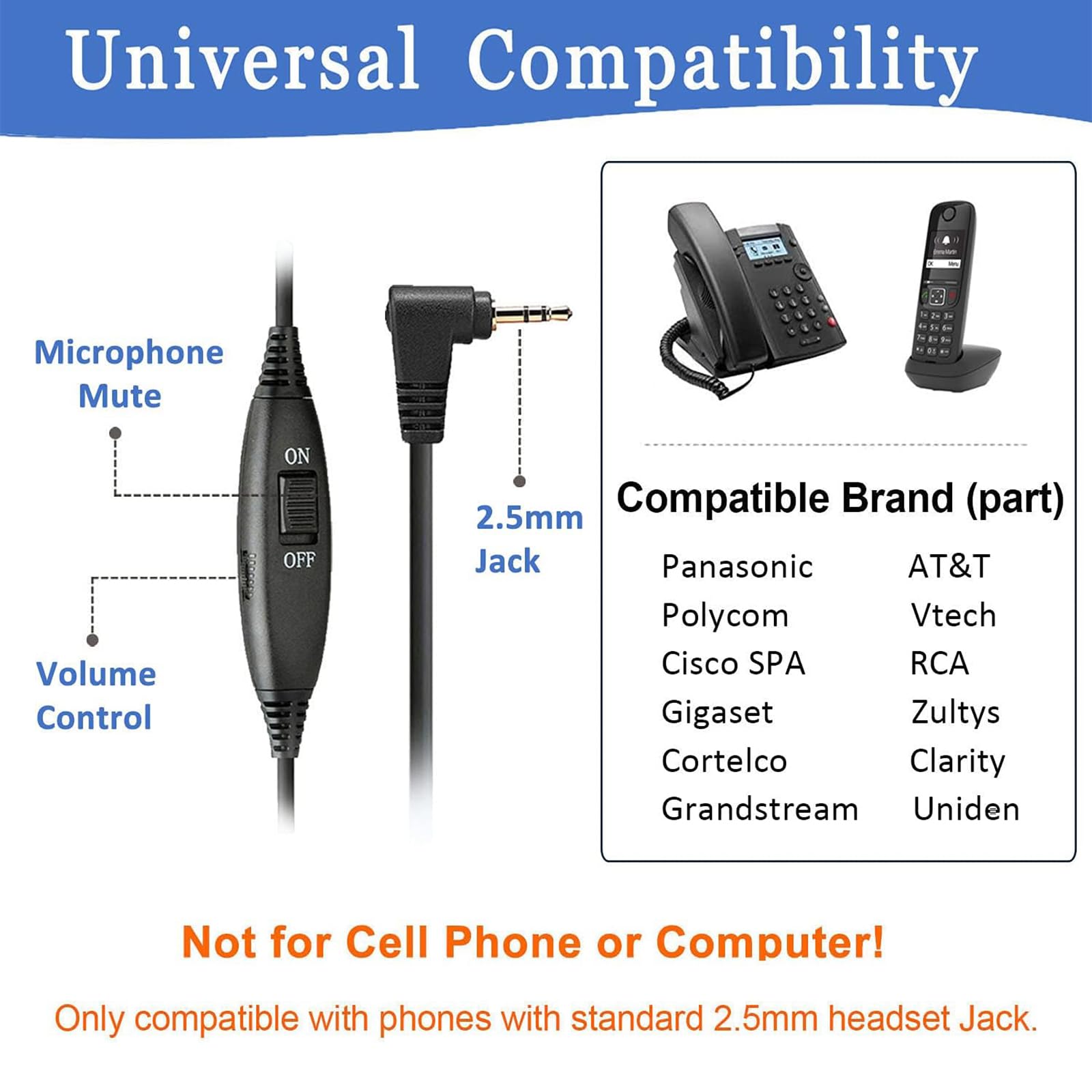 Callez Phone Headset with Noise Cancelling Microphone and Volume Control, Office 2.5mm Telephone Headsets Compatible with Panasonic AT&T ML17929 Vtech Uniden Cisco Grandstream Cordless Phones