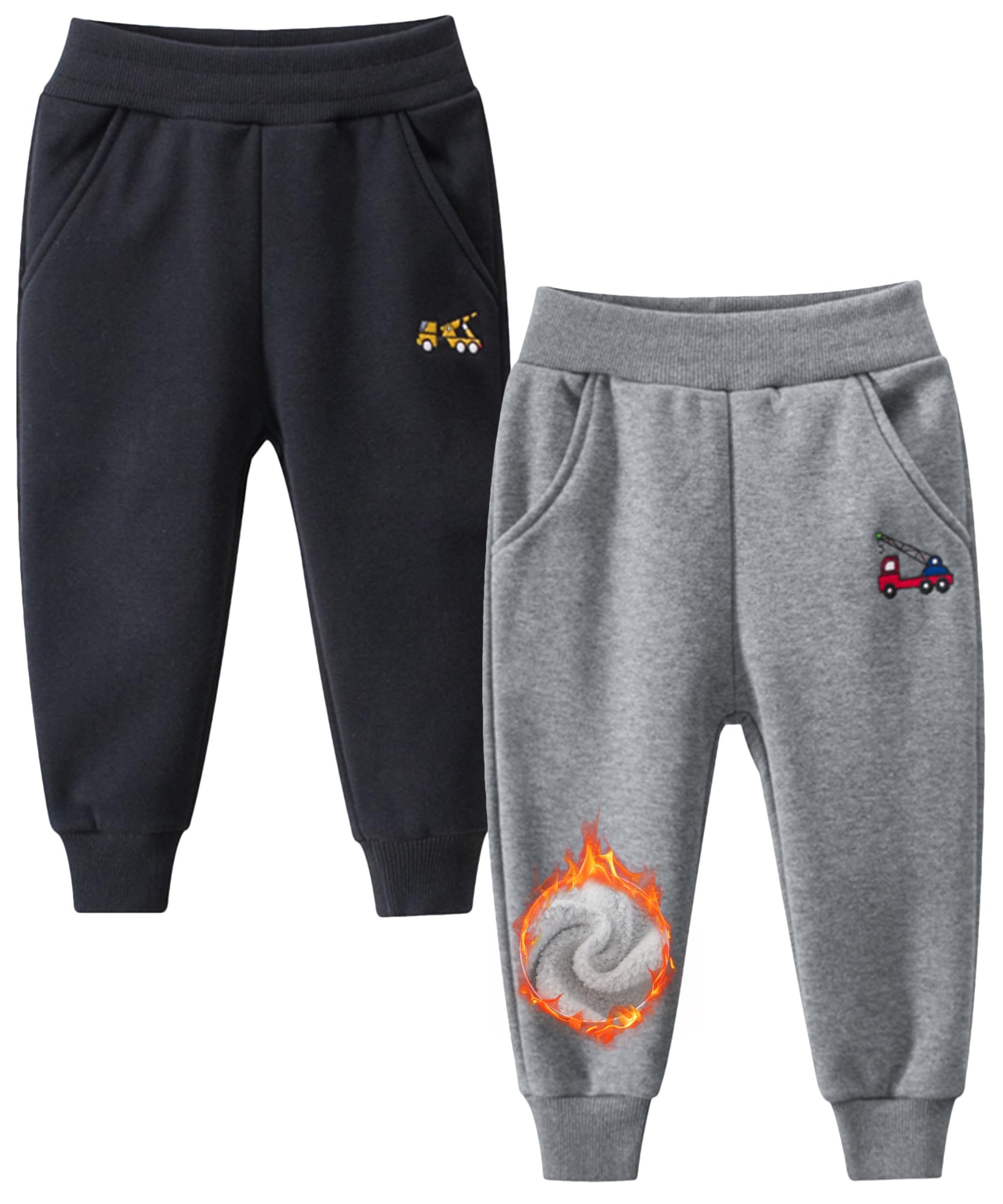 GFQLONG Toddler Boys 2 Pack Fleece Excavator Jogger Sweatpants,Baby Cartoon Winter Warm Pocket Lounging Bottoms,Black+Grey 2-3T