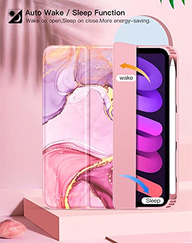 ZtotopCases for New iPad Mini 6 Case 2021, Shockproof iPad Mini 6th Generation Case with Pencil Holder, Auto Sleep/Wake, Premium Protective Smart Cover for iPad Mini 6th Gen 8.3 inch, Marble Pink