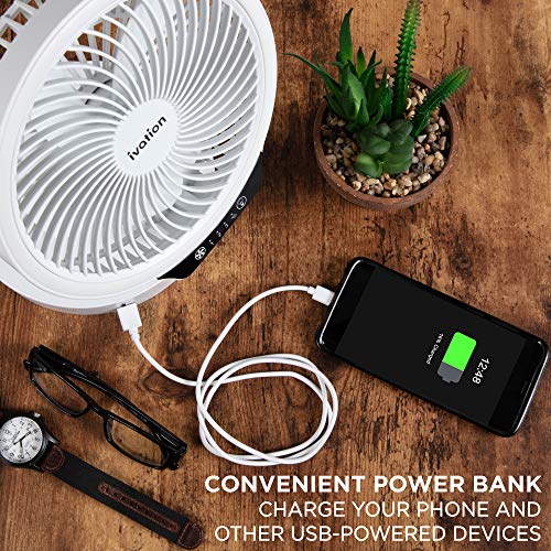 Ivation Battery Operated Portable Expanding Personal Fan with LED Light, Compact Folding Desk, Table & Pedestal Floor Fan with 39.5β Adjustable Height, 3-Speed Touch Control & USB Phone Charging Port