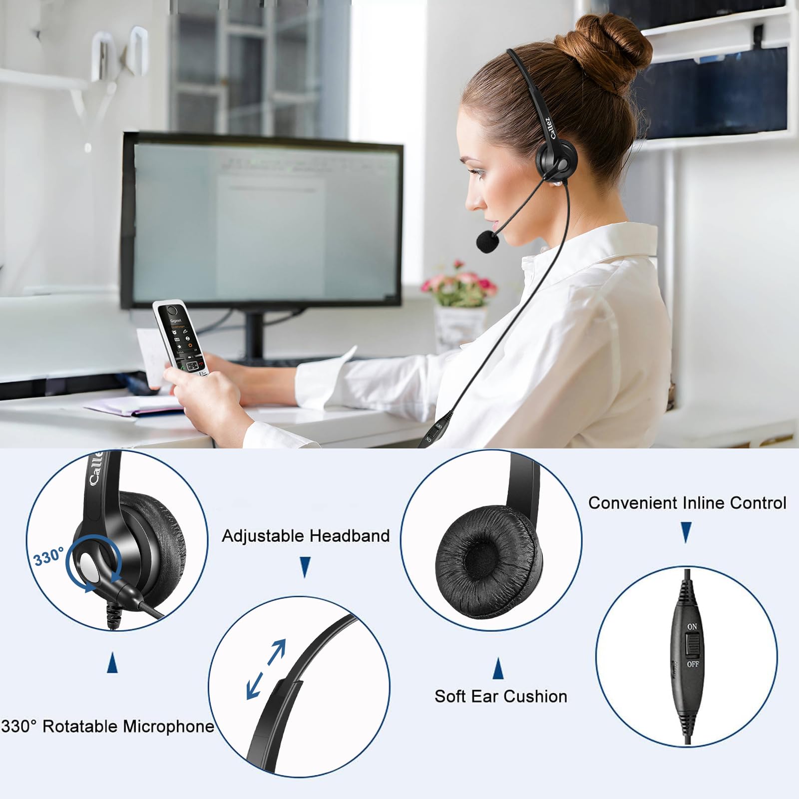 Callez Phone Headset with Noise Cancelling Microphone and Volume Control, Office 2.5mm Telephone Headsets Compatible with Panasonic AT&T ML17929 Vtech Uniden Cisco Grandstream Cordless Phones