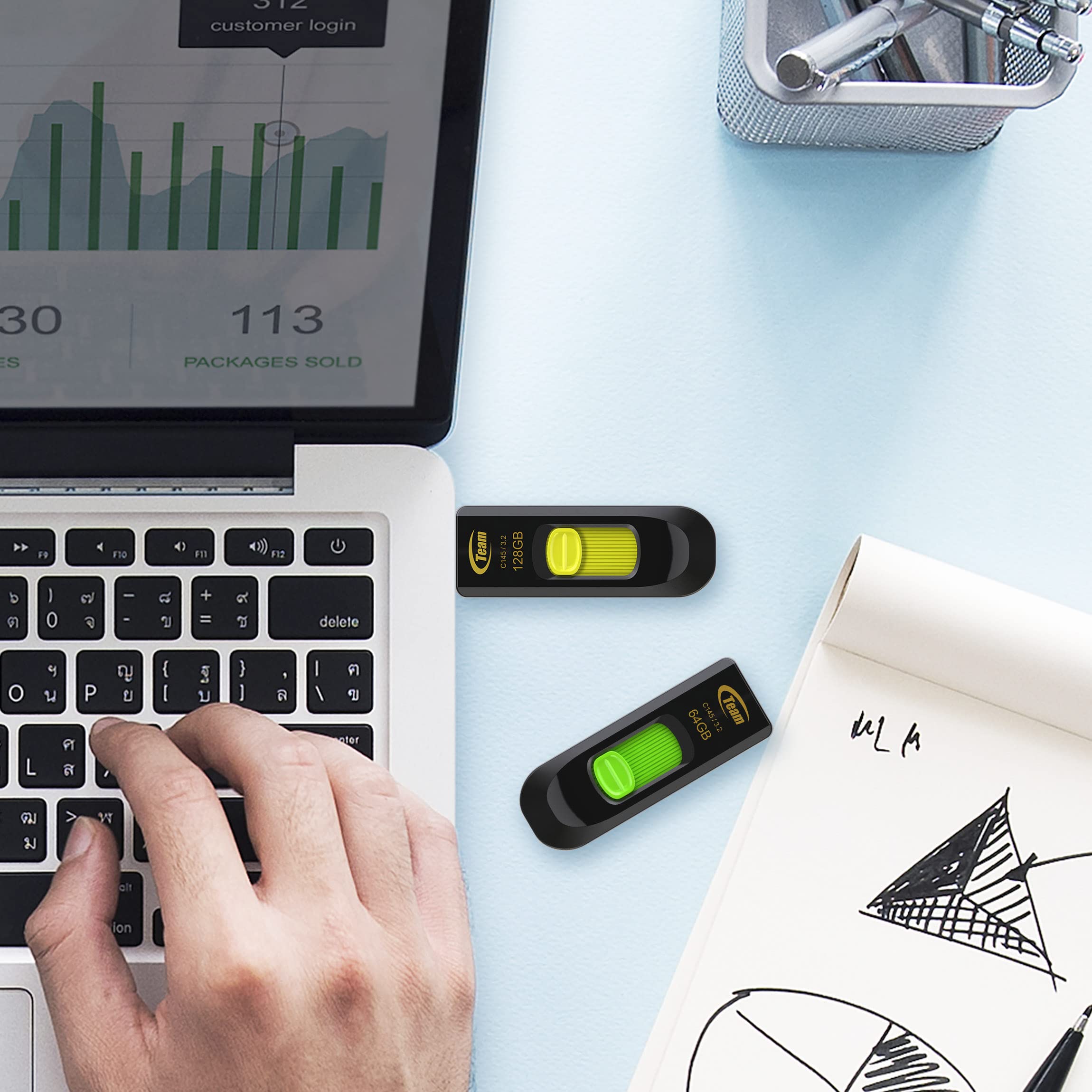 TEAMGROUP C145 64GB 5 Pack USB 3.2 Gen 1 (3.1/3.0) Read 100MB/s Flash Thumb Drive, External Data Storage Memory Stick Compatible with Computer/Laptop (Black-Green) TC145364GG21