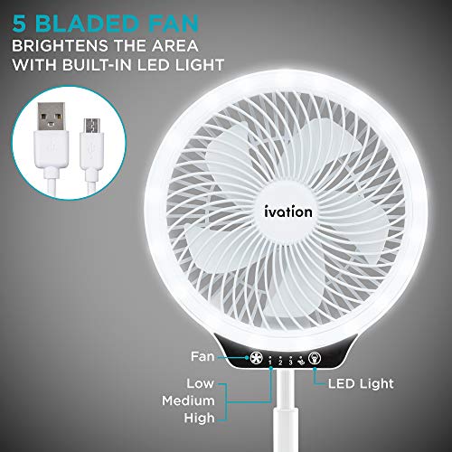 Ivation Battery Operated Portable Expanding Personal Fan with LED Light, Compact Folding Desk, Table & Pedestal Floor Fan with 39.5β Adjustable Height, 3-Speed Touch Control & USB Phone Charging Port