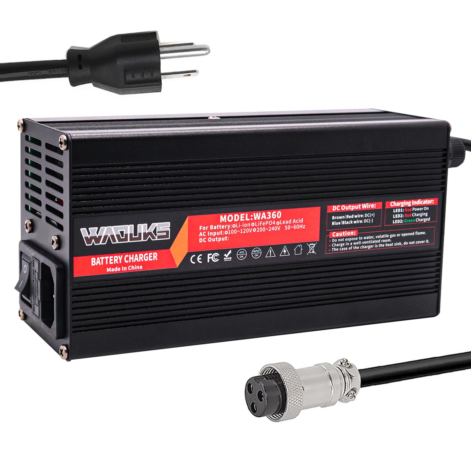58.8V 5A Charger 52V Li-ion Battery Charger Black Aluminum Case with Cooling Fan Output GX16-3pin Connector Used for 14S 52V Lithium Battery Pack 52V Smart Charger