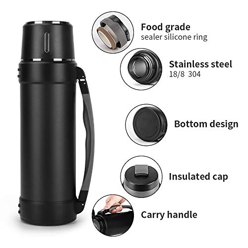 Stainless Steel Thermos with Cup β 61oz Double-Wall Vacuum Insulated Water Bottle for Travel β Camping Coffee Thermoses with Handle β Keeps Liquid Hot or Cold,Leak Resistant,Black
