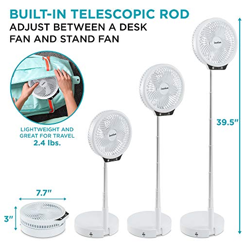 Ivation Battery Operated Portable Expanding Personal Fan with LED Light, Compact Folding Desk, Table & Pedestal Floor Fan with 39.5β Adjustable Height, 3-Speed Touch Control & USB Phone Charging Port