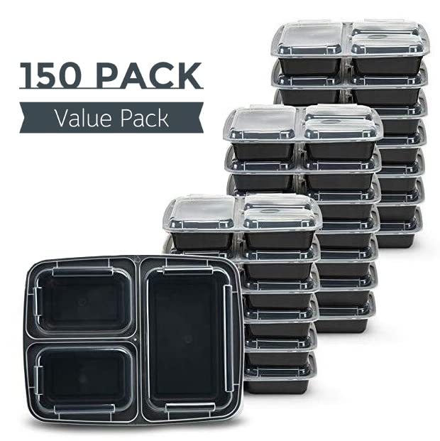 [150Pack] 32oz Meal Prep Containers, Black Plastic Container, 3 Compartment Lunch Box, Bento Box, To go Food packaging, Reuseable