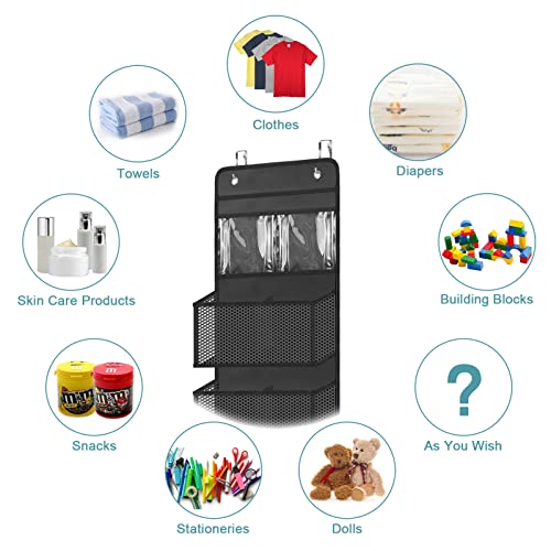 NPET Over Door Hanging Organizer Wall Mount Storage with Clear PVC Pocket, EVA Waterproof Mesh Pocket and Oxford Cloth Material for Closet Bedroom Nursery Dorm (33BK01, Black)