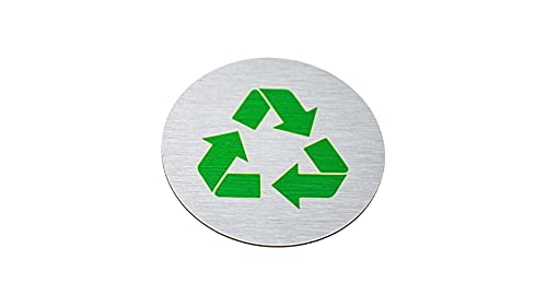 2" Round, Metal Recycle Signs | Recycle Bin Marker | Sign for Recycling Basket | Brushed Silver Aluminum with Green Recycle Symbol | Signs for Sustainability