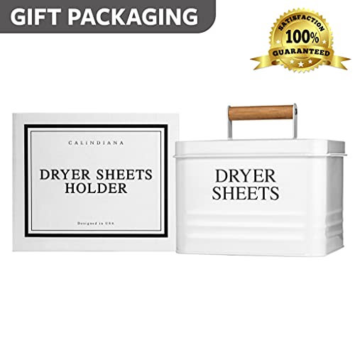 Calindiana Modern Farmhouse Metal Laundry Dryer Sheets Holder Fabric Softener Dispenser with Lid for Laundry Room Decor and Accessories and Space Saving Laundry Room Organization and Storage, White