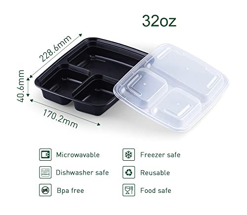[150Pack] 32oz Meal Prep Containers, Black Plastic Container, 3 Compartment Lunch Box, Bento Box, To go Food packaging, Reuseable