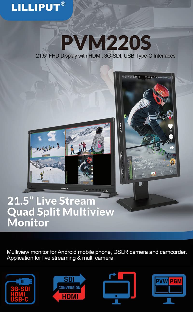 LILLIPUT Lilliput Live Stream Monitor 21.5 inch Quad Split Multi View IPS 1920x1080 HDMI 3G-SDI PVM220S Type-C Input Video Assist