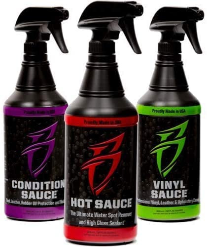 Bling Sauce Threesome Bundle, Hot Sauce Premium Hard Water Spot Remover, Condition Sauce Premium Interior Moisturizer, Vinyl Sauce Premium Vinyl and Leather Cleaner - Three 32 oz. Bottles