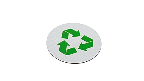 2" Round, Metal Recycle Signs | Recycle Bin Marker | Sign for Recycling Basket | Brushed Silver Aluminum with Green Recycle Symbol | Signs for Sustainability