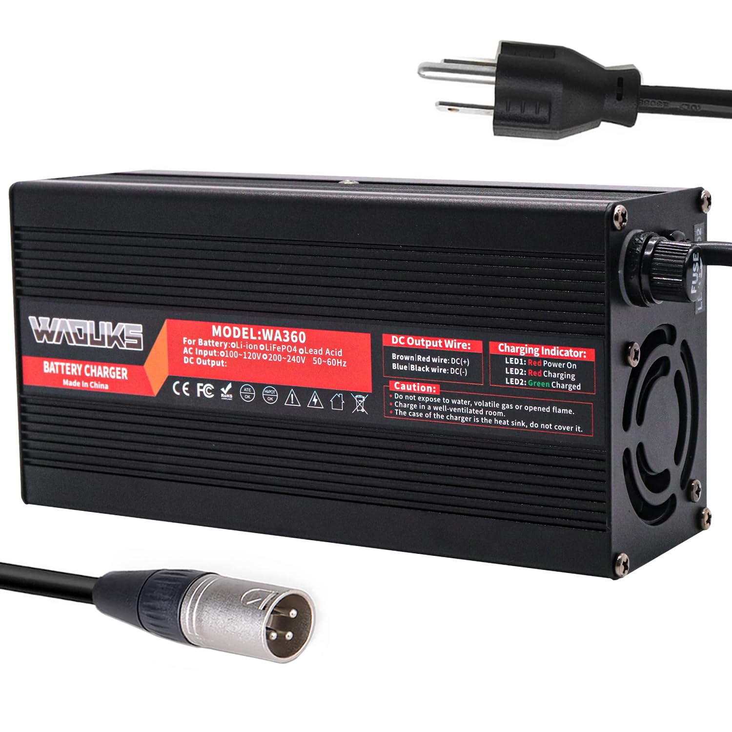 WAOUKS 58.8V 6A Charger 52V Li-ion Battery Charger Black Aluminum Case with Switch Cooling Fan DC Output 3pin XLR Connector Used for 14S 52V Lithium Battery Pack 58.8V Smart Charger