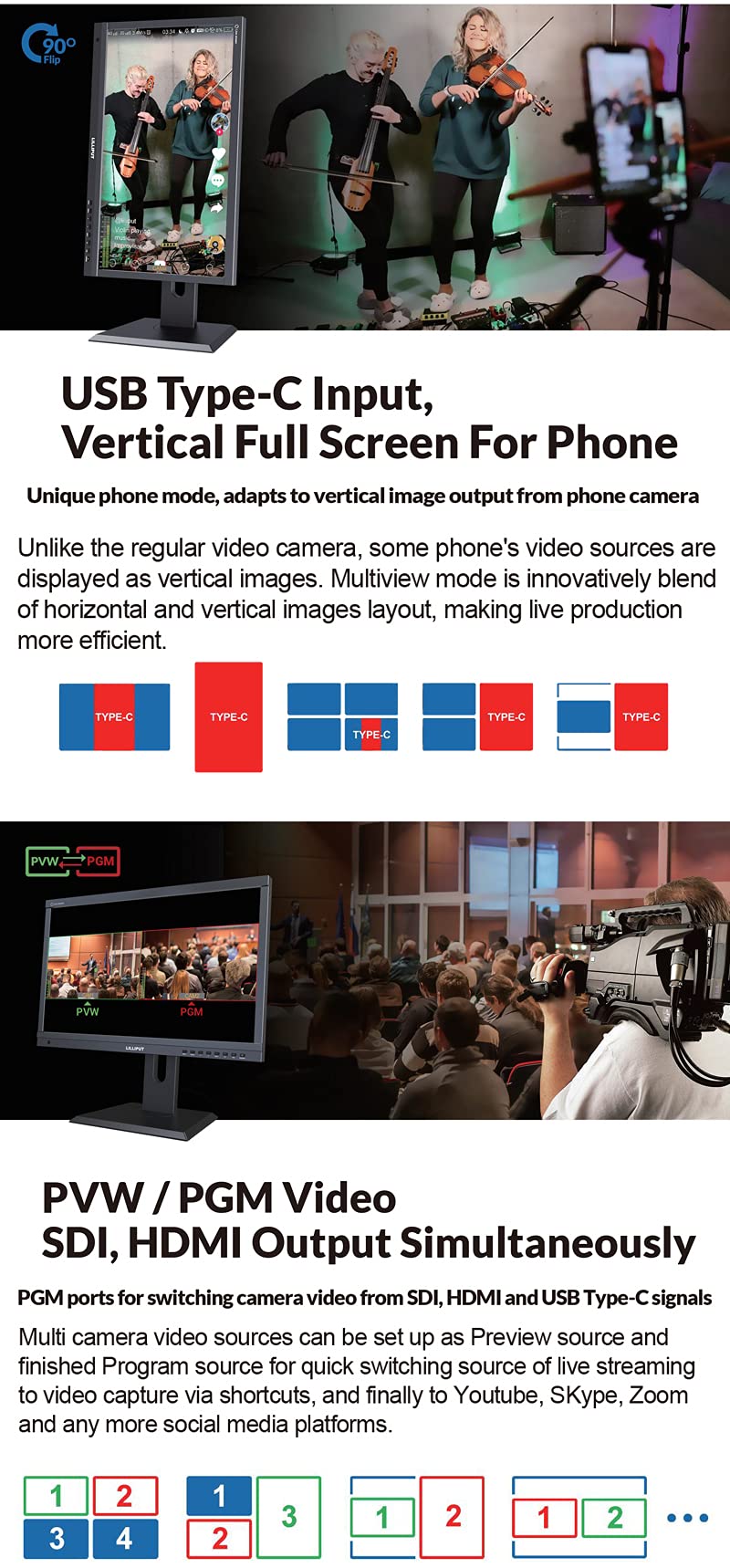 LILLIPUT Lilliput Live Stream Monitor 21.5 inch Quad Split Multi View IPS 1920x1080 HDMI 3G-SDI PVM220S Type-C Input Video Assist