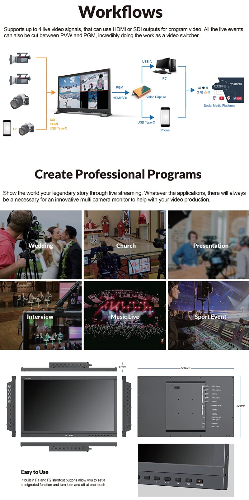 LILLIPUT Lilliput Live Stream Monitor 21.5 inch Quad Split Multi View IPS 1920x1080 HDMI 3G-SDI PVM220S Type-C Input Video Assist