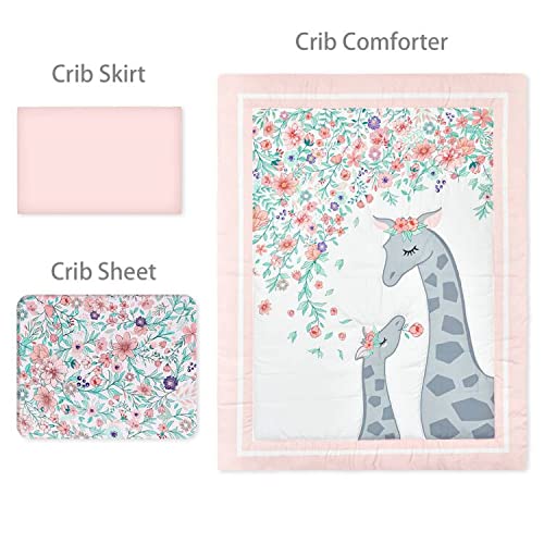 Yolent Baby Girl Crib Bedding Sets Crib Set for Girls Mini Floral Nursery Crib Bedding Sets 3 Piece Pink and Grey Princess Crib Bedding Set