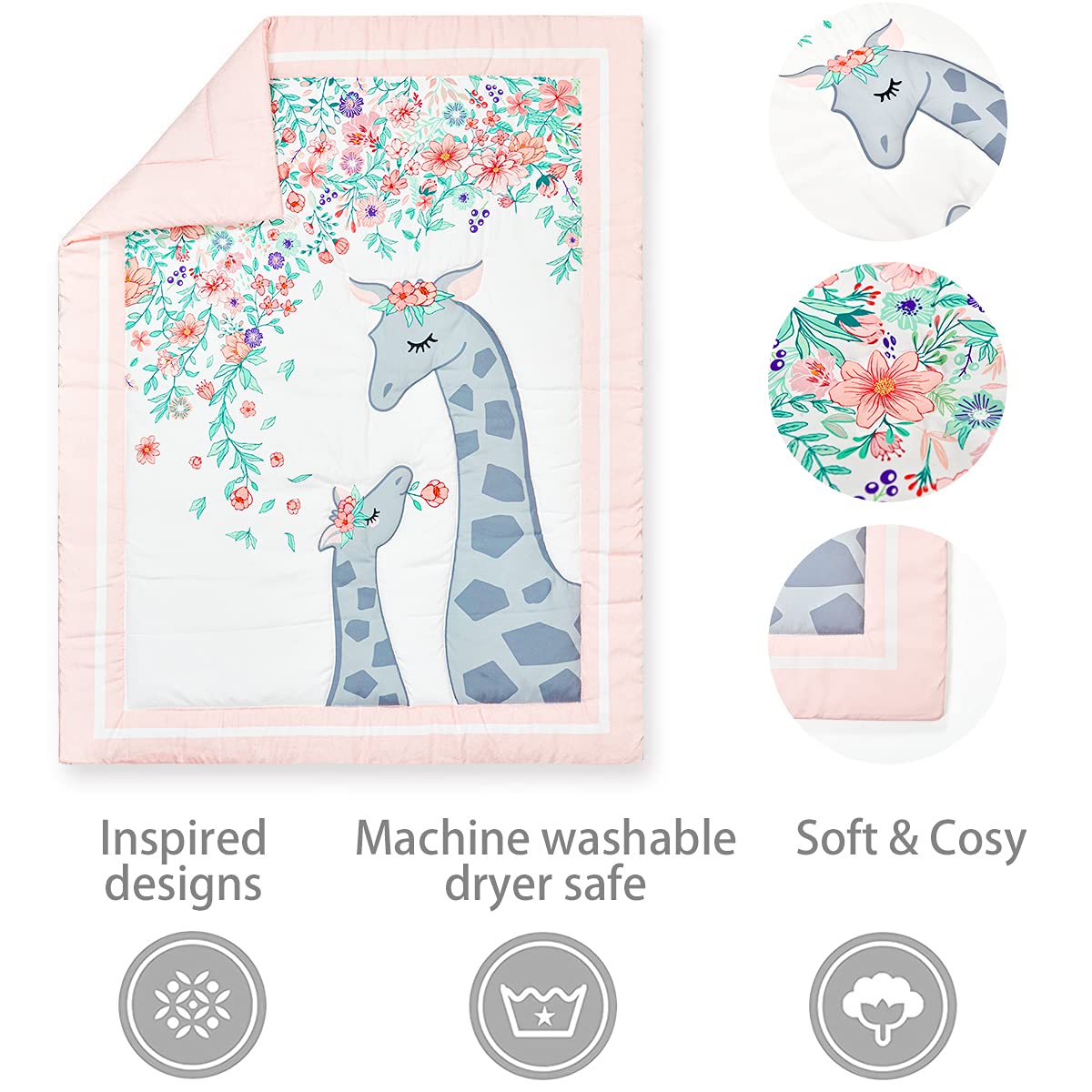 Yolent Baby Girl Crib Bedding Sets Crib Set for Girls Mini Floral Nursery Crib Bedding Sets 3 Piece Pink and Grey Princess Crib Bedding Set
