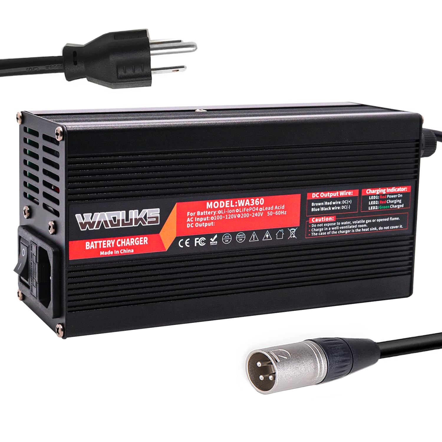 WAOUKS 58.8V 6A Charger 52V Li-ion Battery Charger Black Aluminum Case with Switch Cooling Fan DC Output 3pin XLR Connector Used for 14S 52V Lithium Battery Pack 58.8V Smart Charger