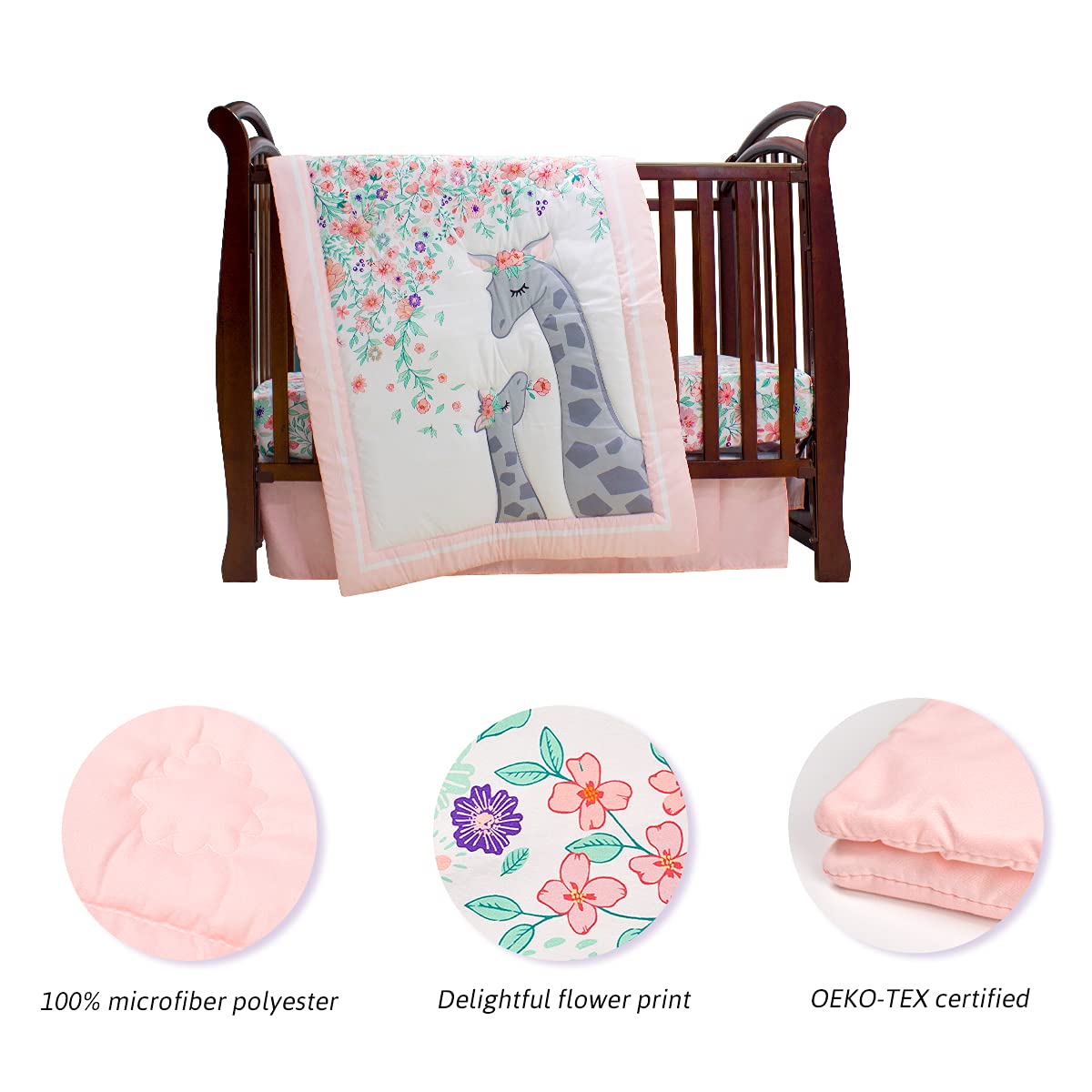 Yolent Baby Girl Crib Bedding Sets Crib Set for Girls Mini Floral Nursery Crib Bedding Sets 3 Piece Pink and Grey Princess Crib Bedding Set