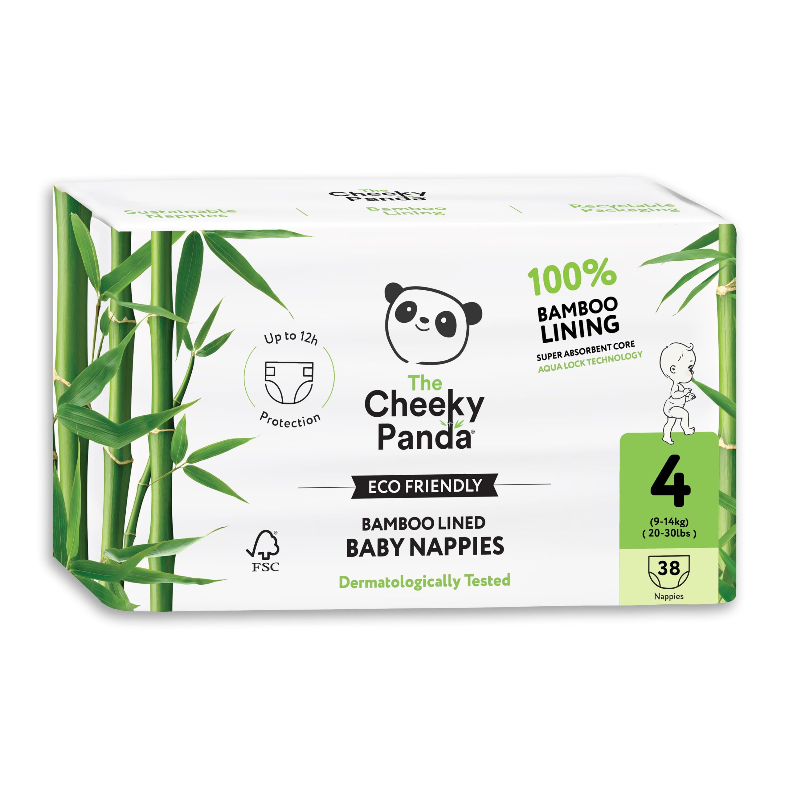 The Cheeky Panda Premium Baby Diapers Size 4 (22-37lbs) | 38 Bamboo Lined Disposable Diapers for Sensitive Skin