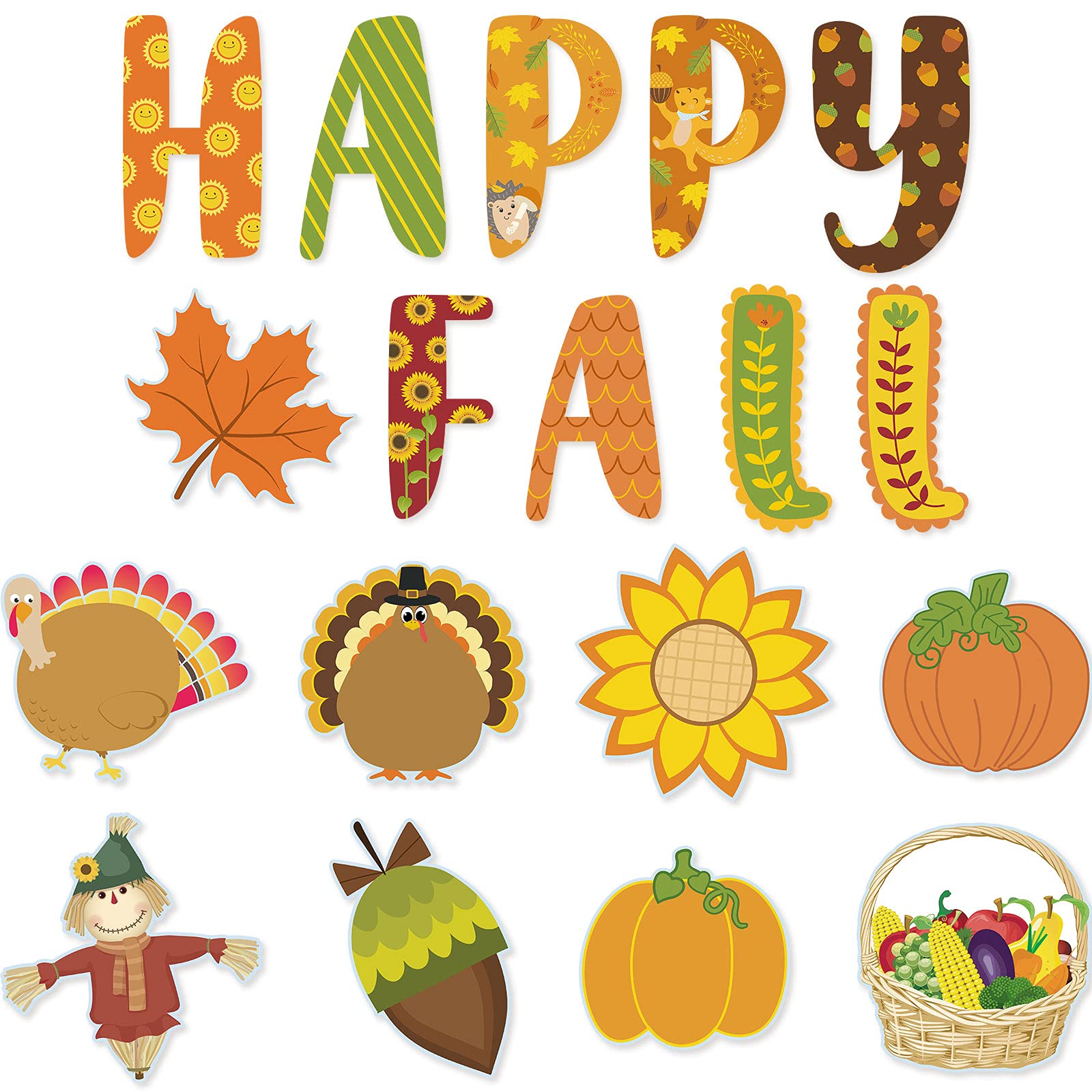 45 Pieces Fall Bulletin Board Decorations Turkey Pumpkin Maple Leaves Sunflower Cutouts Thanksgiving Happy Fall Cutouts for Classroom Bulletin Border Decoration