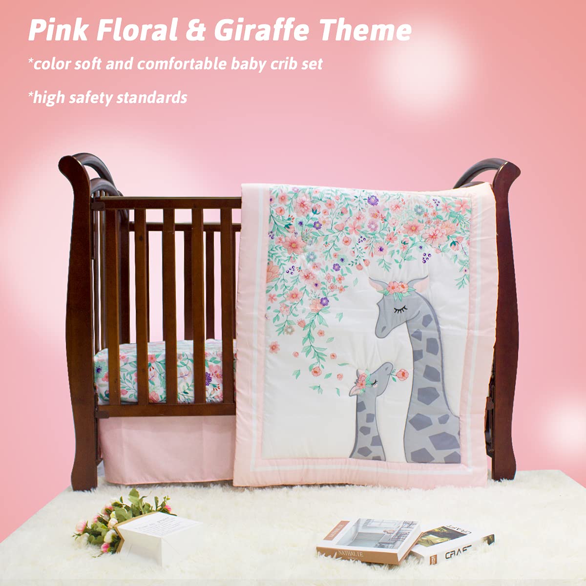 Yolent Baby Girl Crib Bedding Sets Crib Set for Girls Mini Floral Nursery Crib Bedding Sets 3 Piece Pink and Grey Princess Crib Bedding Set