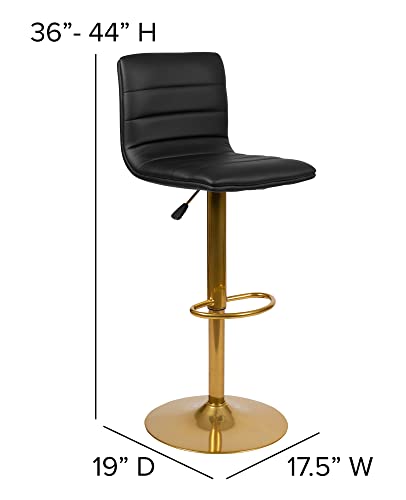 Flash Furniture Vincent Modern Black Vinyl Adjustable Bar Stool with Back, Counter Height Swivel Stool with Gold Pedestal Base, Set of 2