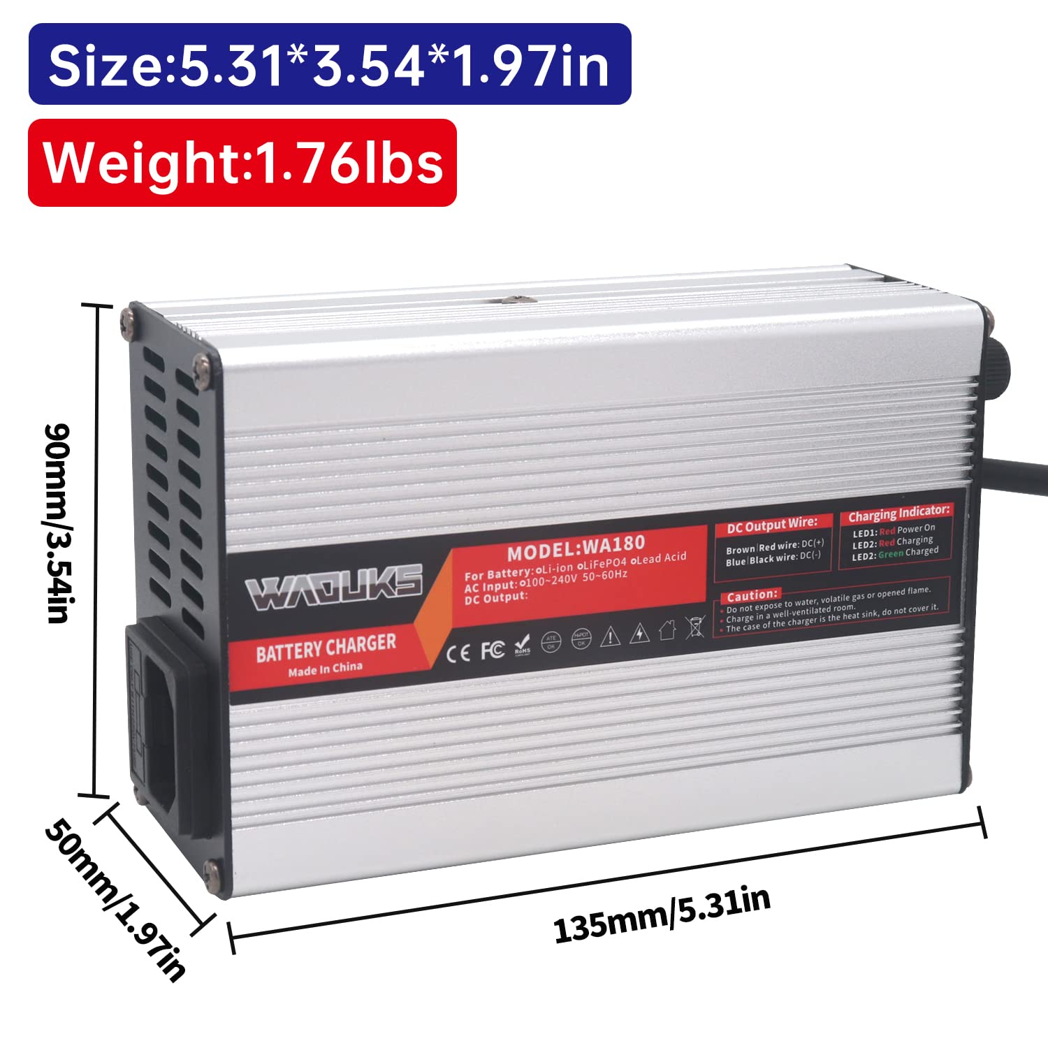 16.8V 10A Charger 14.8V Li-ion Battery Charger Output Alligator Clip Used for 4S 14.8V Lithium Battery Silver Aluminum Case with Cooling Fan