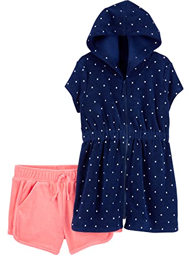 Simple Joys by Carter's Girls' Hooded Cover-Up and Shorts, Navy Dots/Pink, 12 Months