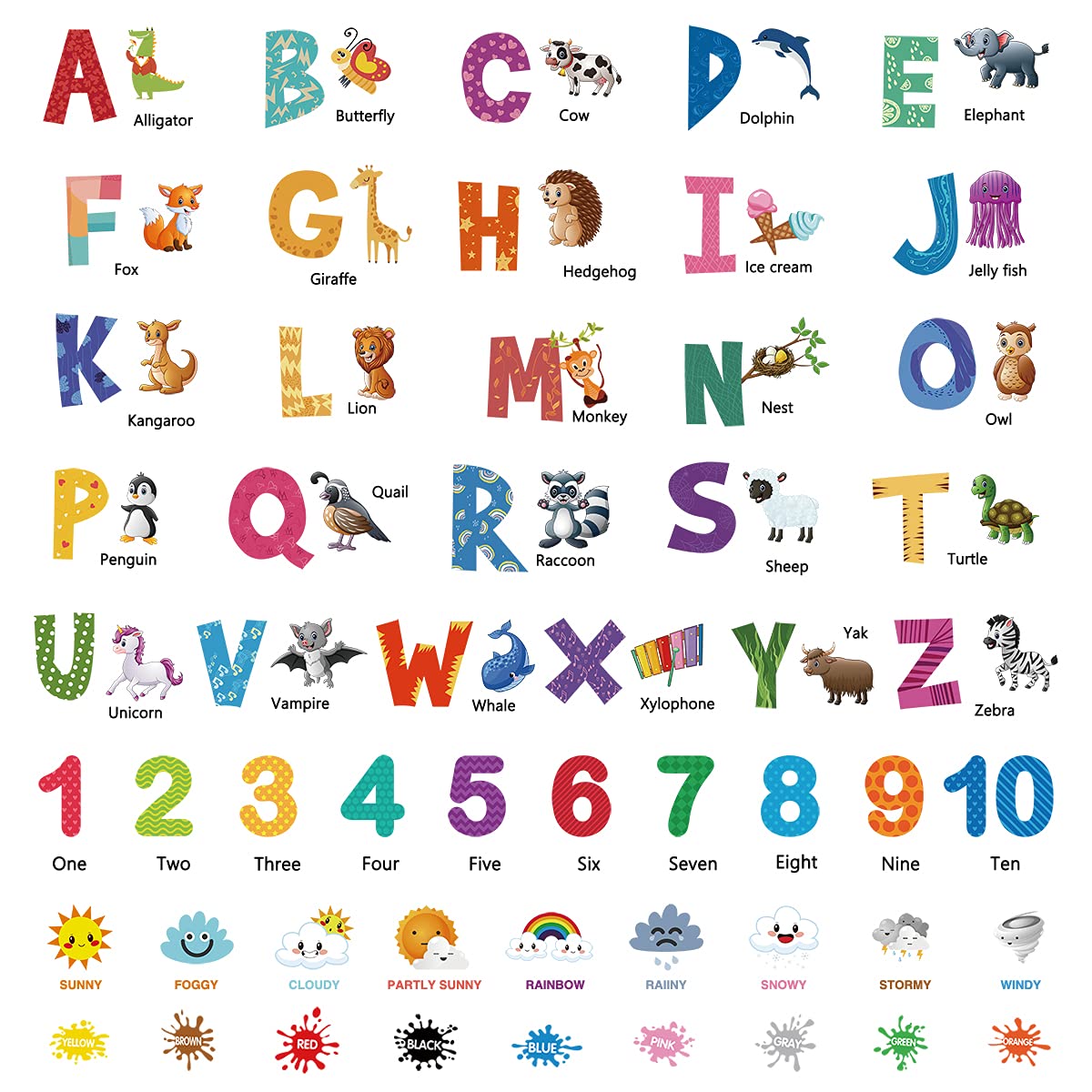 4 Sheets Animal Alphabet Numbers Weather Color Wall Decals Colorful ABC Alphabet Learning Educational Wall Sticker Removable Peel and Stick Wall DĂŠcor for Kids Bedroom Nursery Classroom Decorations