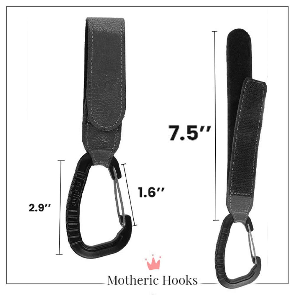 Genuine Leather Stroller Hook by Motheric - baby stroller leather hooks, stroller hooks for diaper bags, Leather Stroller Clips - 2Pcs - stroller bag hook - Black
