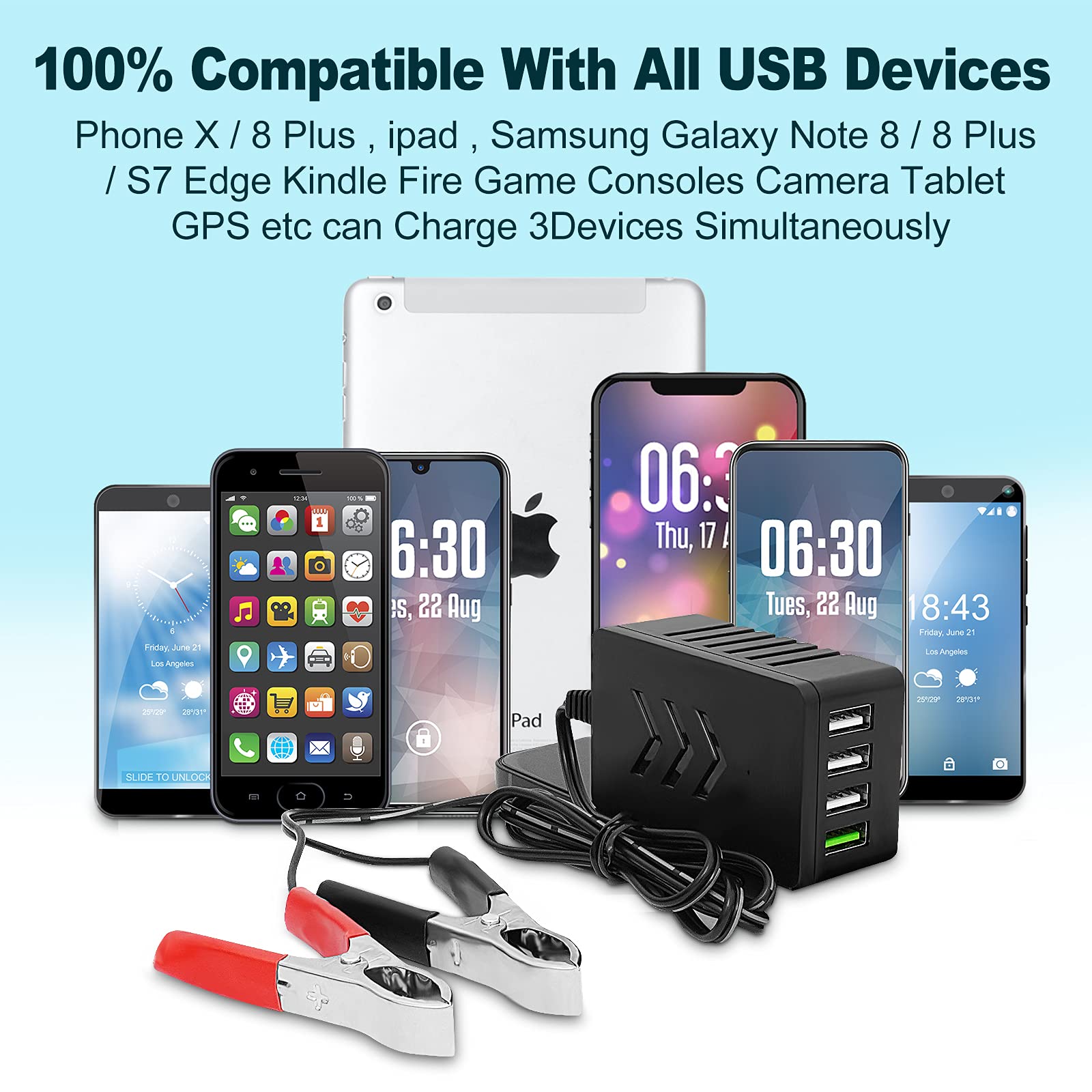 YIPIN HEXHA DC Converter with Battery Clip 12V/24V to 5V 4USB Port DC Power Adapter Buck Charging Module for Apple Android Phone Charging