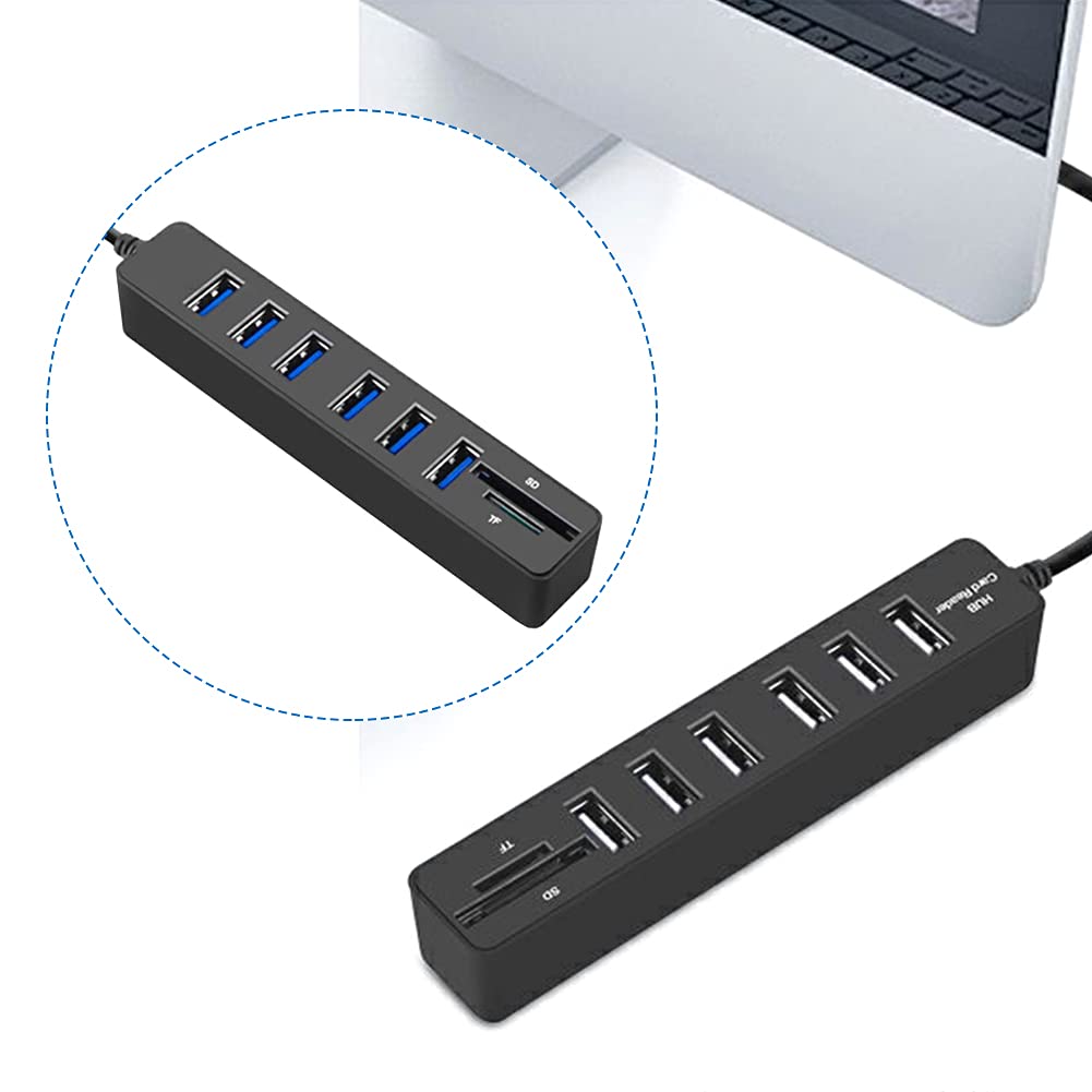 USB Hub, Universal Ultra Slim Data Hub 6 Port USB 2.0 Hub Multifunctional Splitter, 2.0 USB Extension Splitter with 60cm Cable(Black)