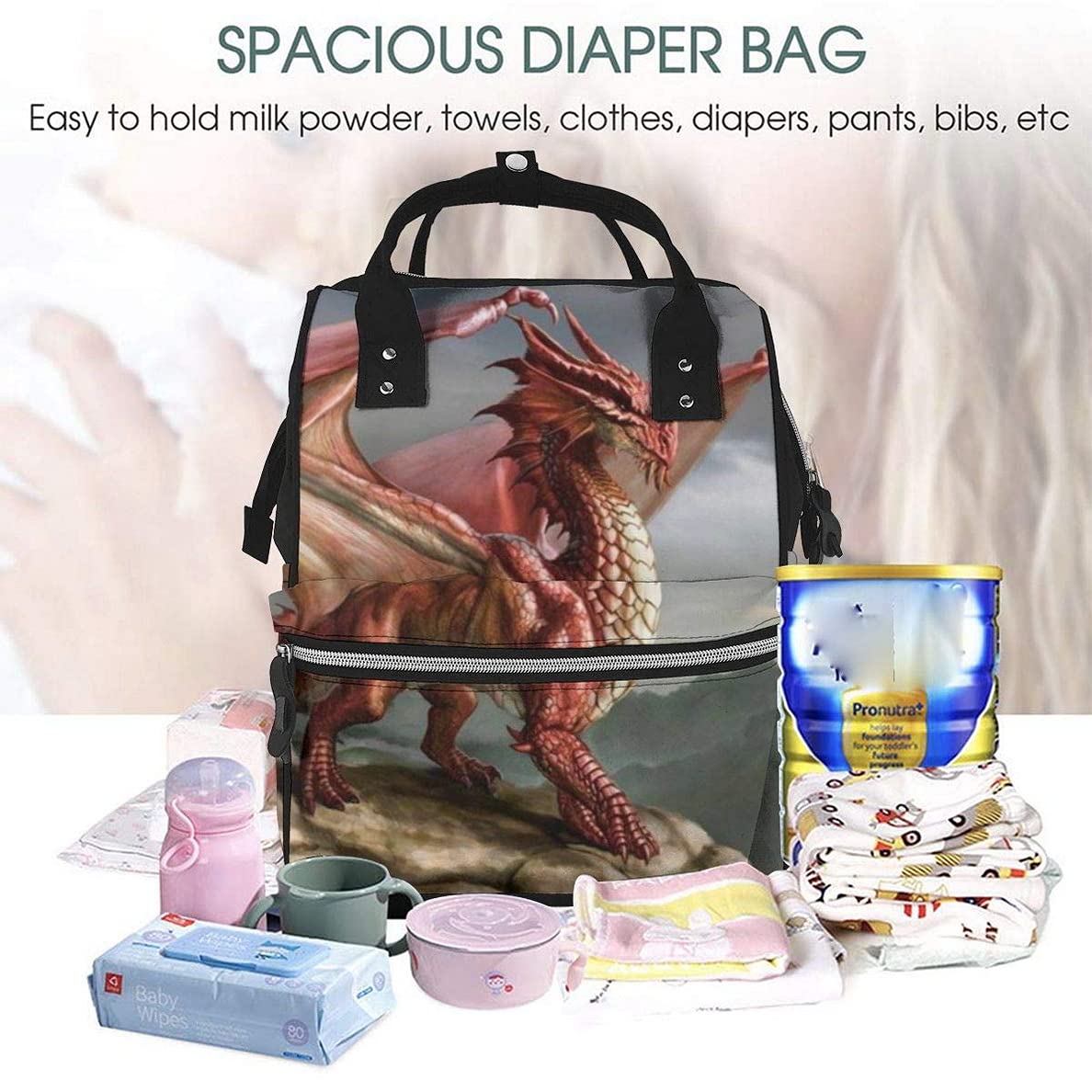 QIANKUI Red Fantasy Dragon Diaper Bags Mummy Backpacks Waterproof Travel Baby Bags Multi-Function Nappy Bags Organizer