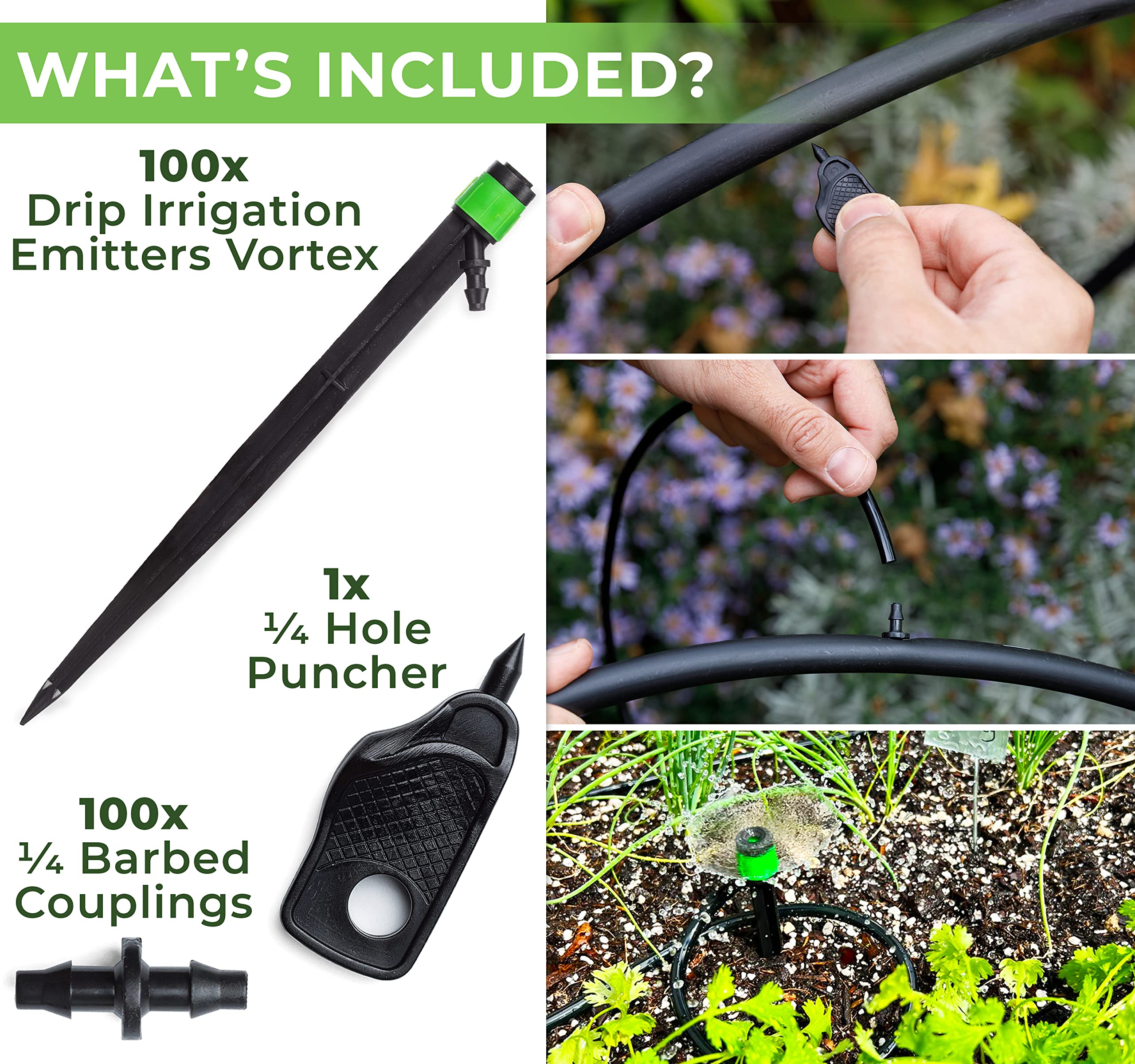 CARPATHEN Drip Irrigation Emitters Vortex - 100 pcs Drip Sprinkler Head for 1/4 inch Drip Irrigation Tubing + 1/4 Drip Irrigation Tubing - 100 ft Black Drip Irrigation Hose