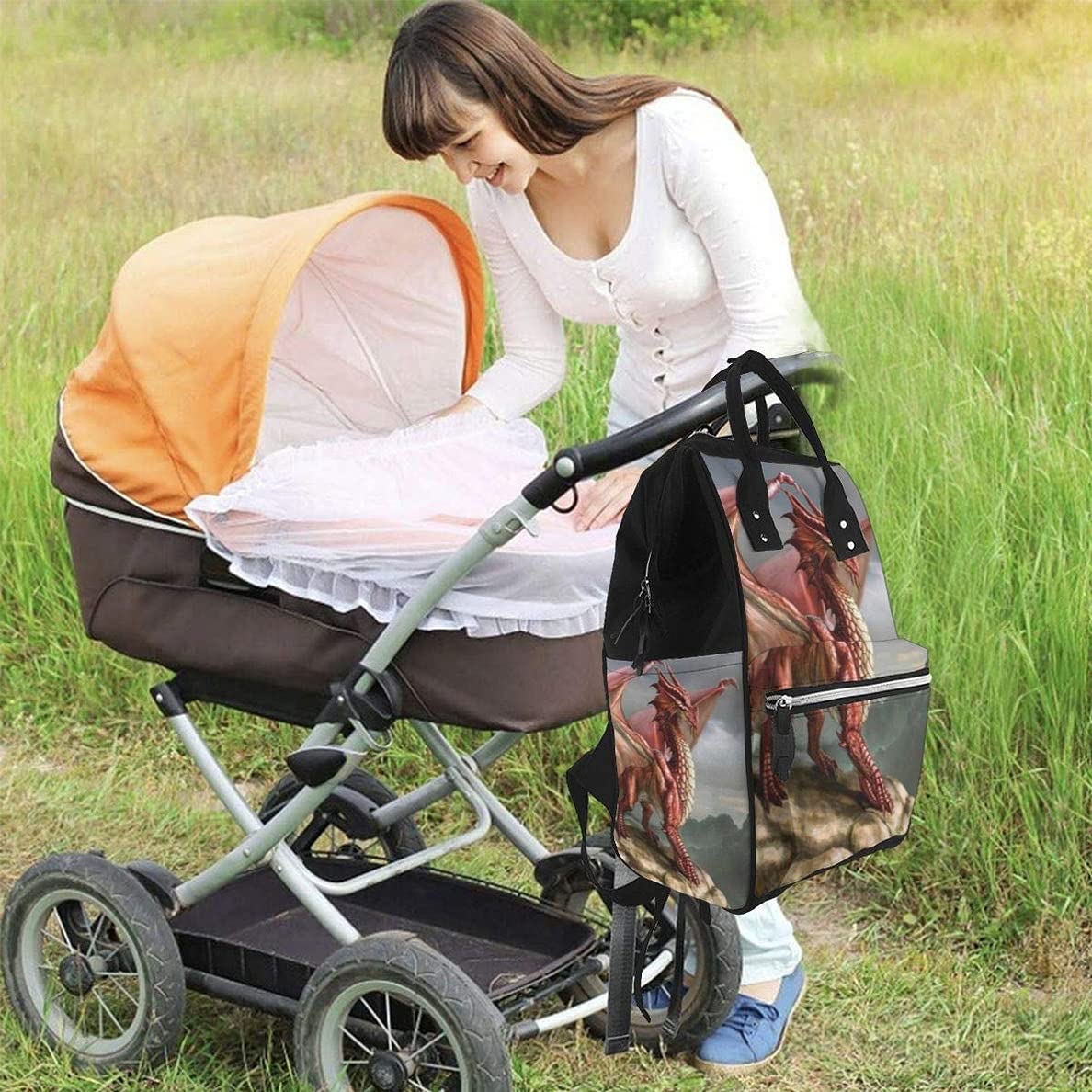 QIANKUI Red Fantasy Dragon Diaper Bags Mummy Backpacks Waterproof Travel Baby Bags Multi-Function Nappy Bags Organizer