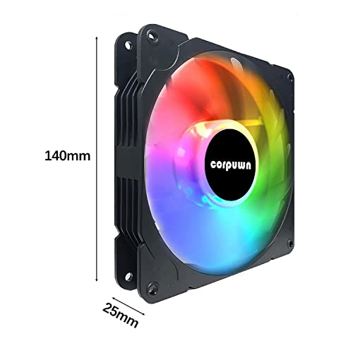 corpuwn 3 Pack 140mm ARGB Case Fans Nine-Blade High Airflow PWM Computer Cooling Fan Sealed Bearing 3-Pin Customizable LED Fans with Hub&Rubber dampening