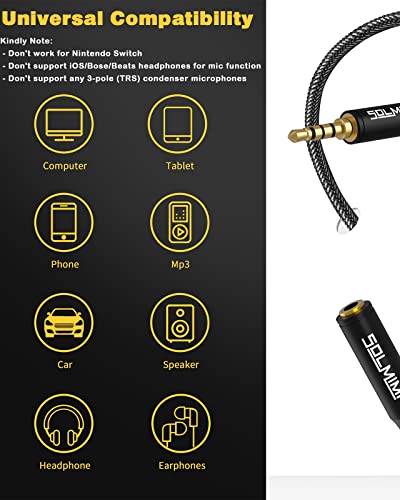 SOLMIMI Headphone Extension Cable (8ft/1.2m) 4 Pole 3.5mm TRRS Male to Female Lossless Stereo Audio Cable Extension Nylon Braid Aux Cord Extension for Headset or Audio Devices –Matte Black