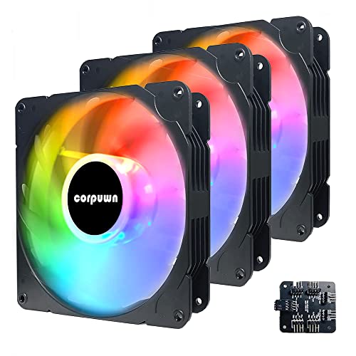 corpuwn 3 Pack 140mm ARGB Case Fans Nine-Blade High Airflow PWM Computer Cooling Fan Sealed Bearing 3-Pin Customizable LED Fans with Hub&Rubber dampening