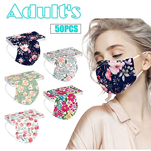 50 Pack Adults Floral Disposable Face Masks with Design, 3 Ply Protective Breathable Women Men Flower FaceMask with Nose Wire (Floral #14)